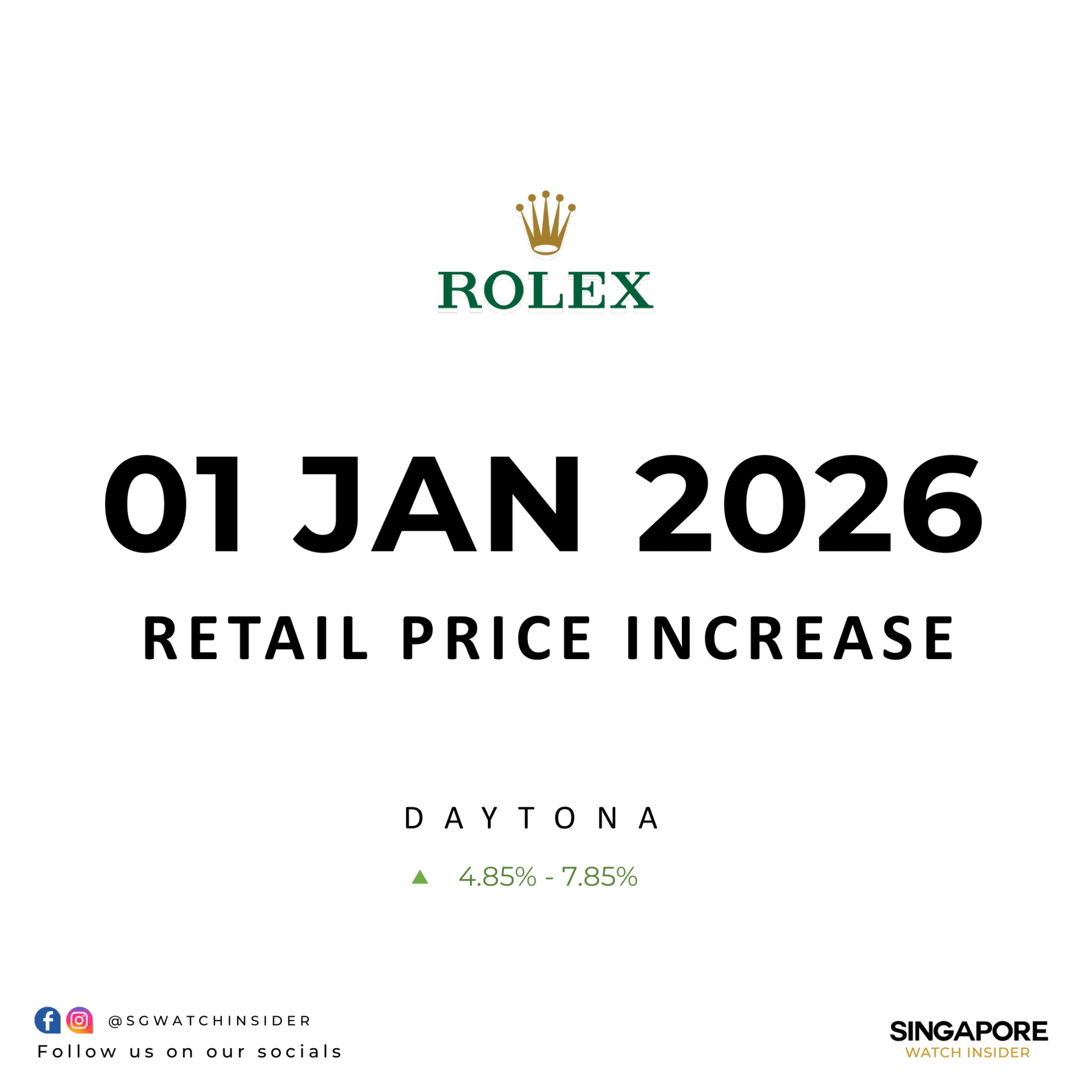 Rolex Retail Price Increase 2026 - Daytona - Singapore Watch Insider